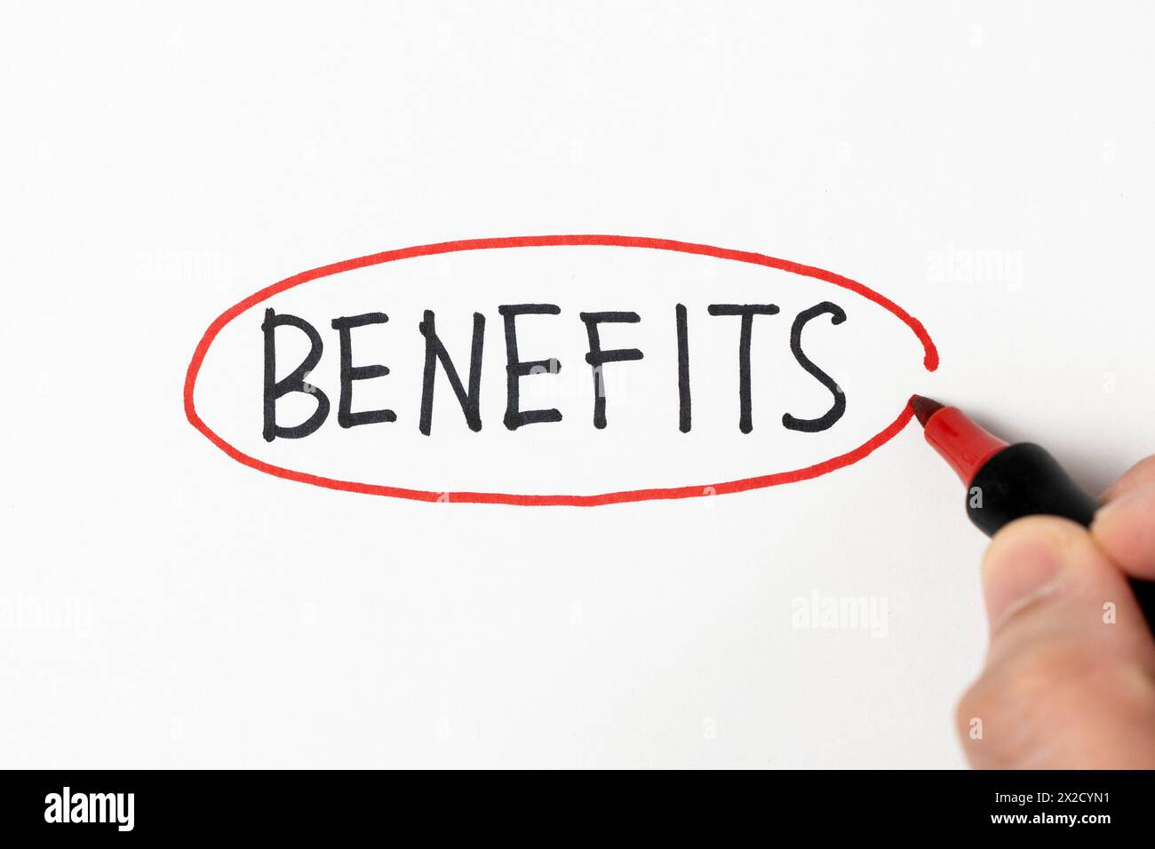 Hand writing benefits with red marker on white background Stock Photo ...