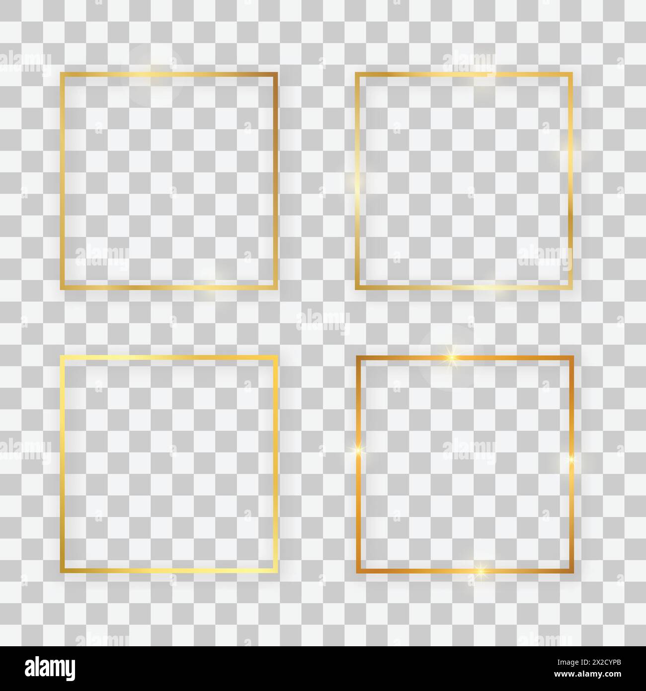 Set of four gold shiny square frames with glowing effects and shadows ...