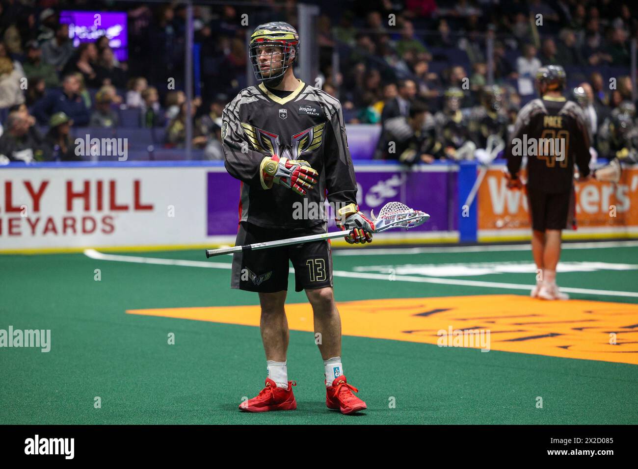 April 21st, 2024: Philadelphia Wings defenseman Scott Dominey (13) runs ...