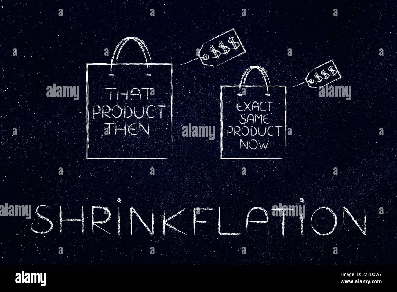 Shrinkflation design with shopping bags, concept of products getting ...