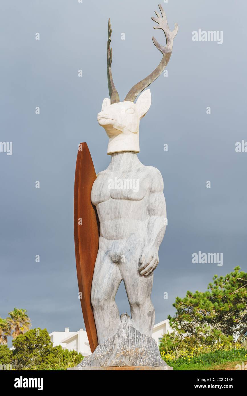 Nazare, Portugal, January 4, 2024. Surf Monument in Nazare. The statue ...