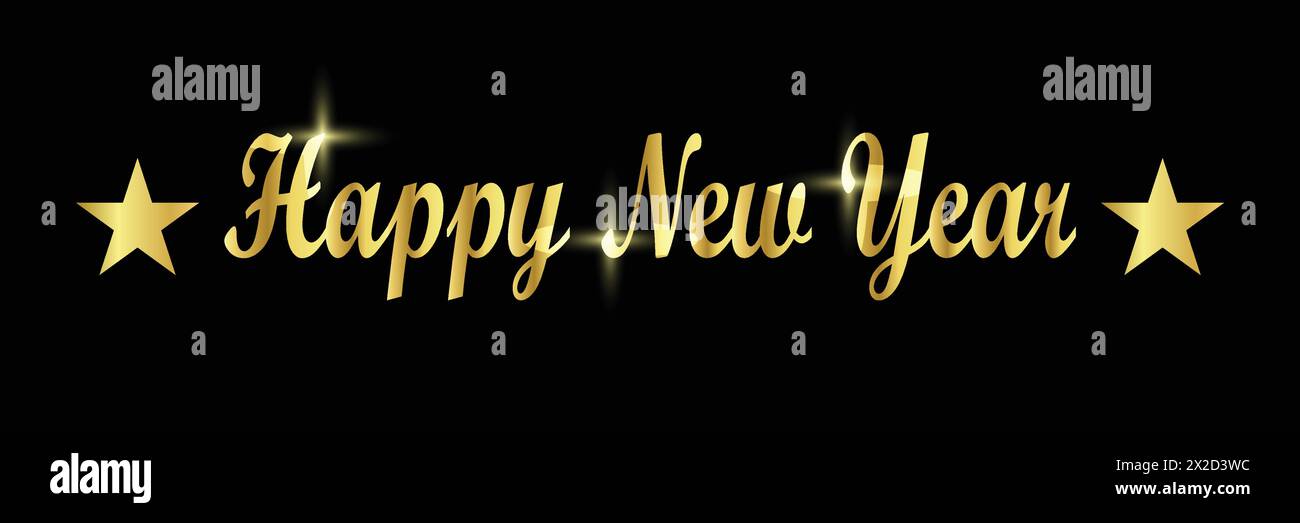 Happy New Year gold text on a black background. Calligraphy postcard or ...