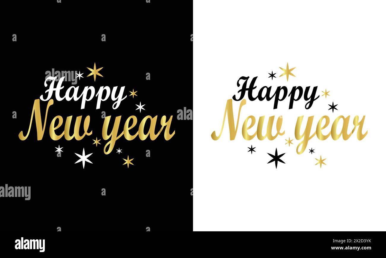 Happy New Year gold text on black and white background. Vector ...