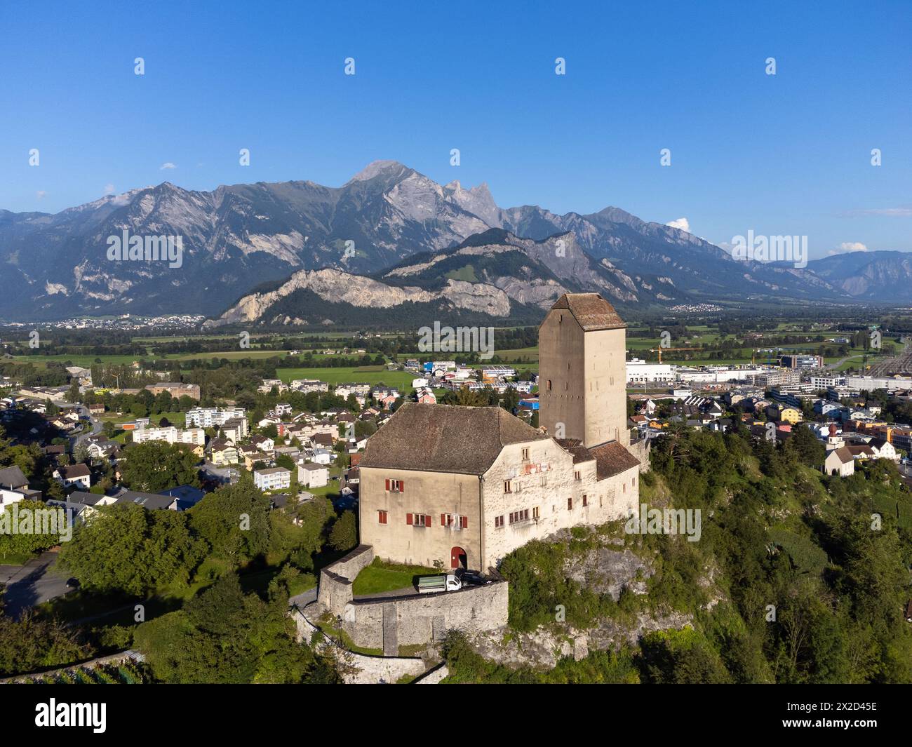 Aerial of the Sargans village and medieval hilltop fortress in Canton ...