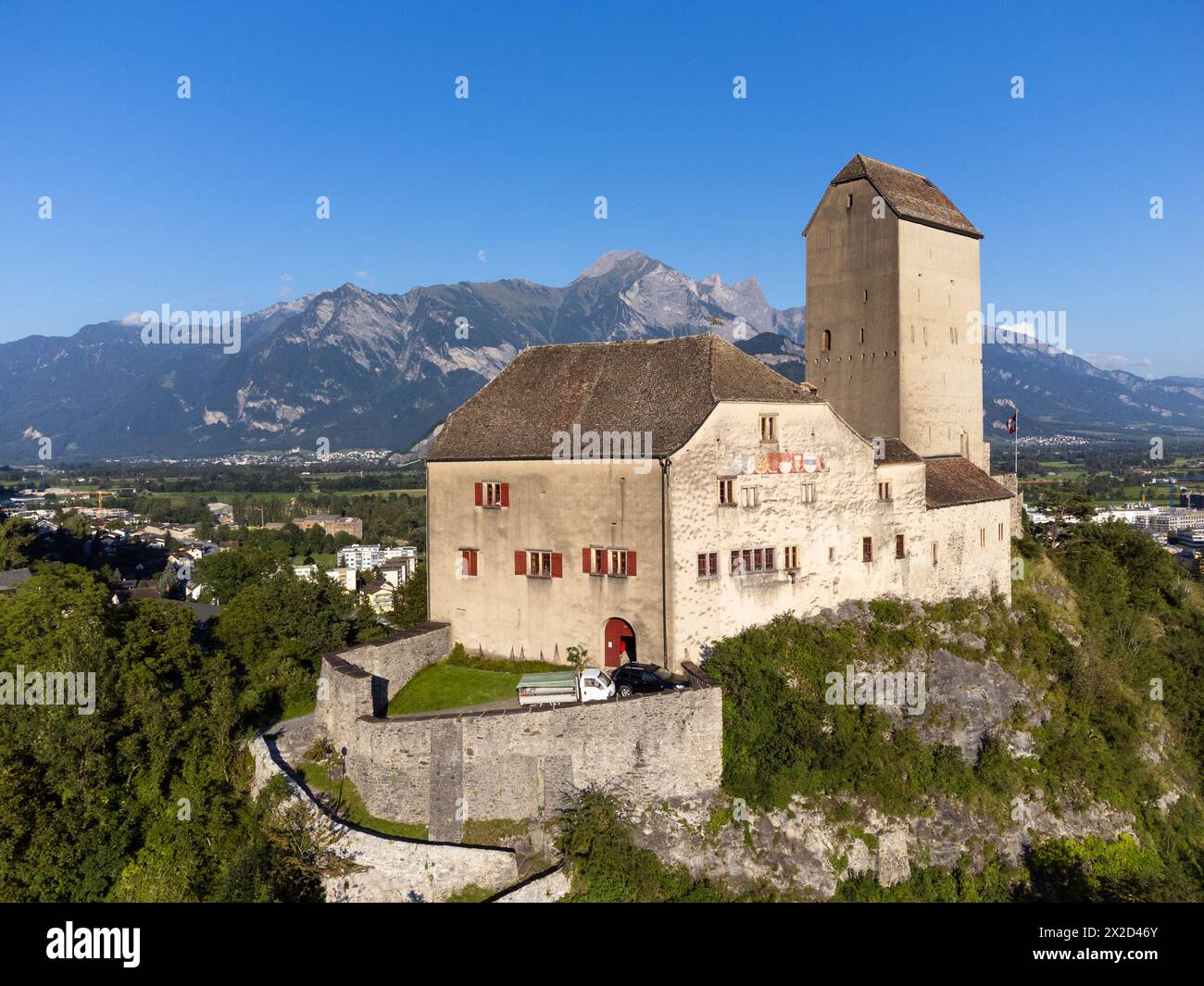 Aerial of the Sargans village and medieval hilltop fortress in Canton ...