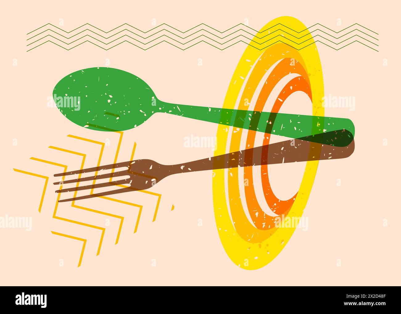 Risograph spoon and fork with geometric shapes. Objects in trendy riso ...