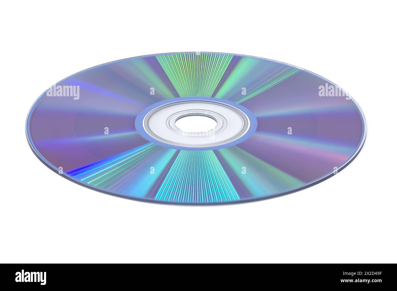 Close up of a CD positioned flat on a plain white background. The CD's ...
