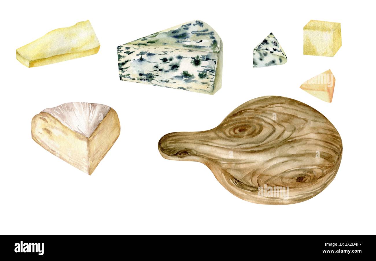 Cheese plate with single cheese pieces watercolro set. Dairy healthy ...