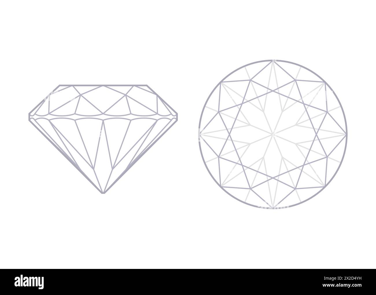 Round brilliant cut diamond side and top views. Outline icon with editable stroke. Vector ...