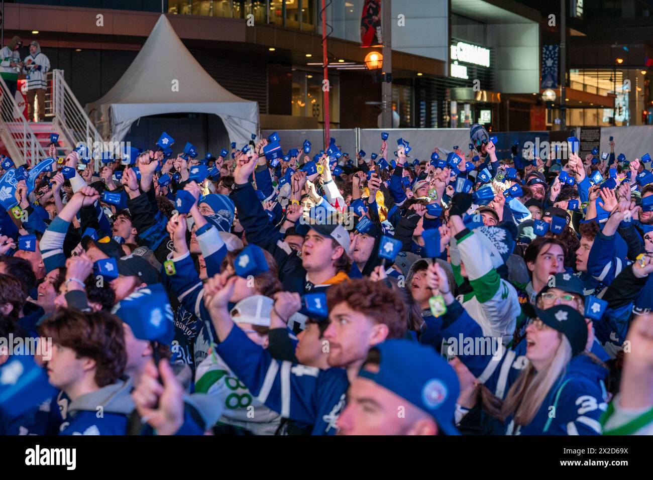 Toronto, Canada. 20th Apr, 2024. Fans gather at Maple Leaf Square ...