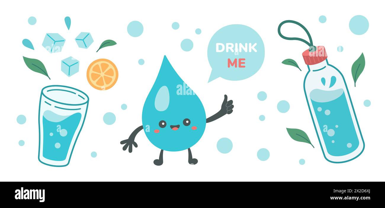 Drink more water concept, drinking water in glass, bottle. Water drop ...