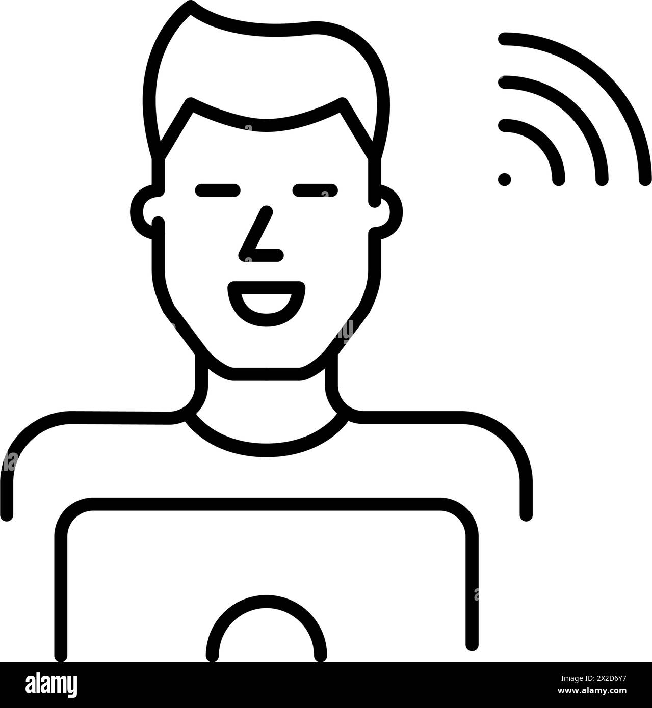 Young man at laptop, wi-fi symbol. Digital connectivity and productive ...