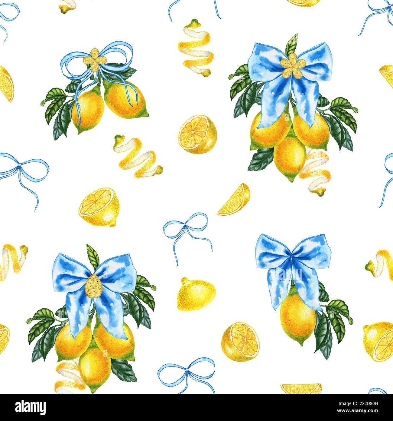 Lemons on branches tied with blue bows watercolor seamless pattern. Yellow citrus slices and ...