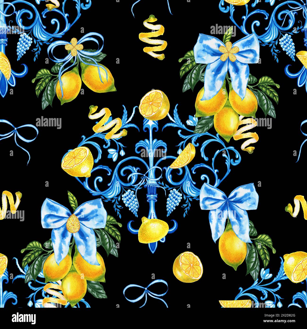 Traditional Italian ornament and branches of lemons watercolor seamless ...