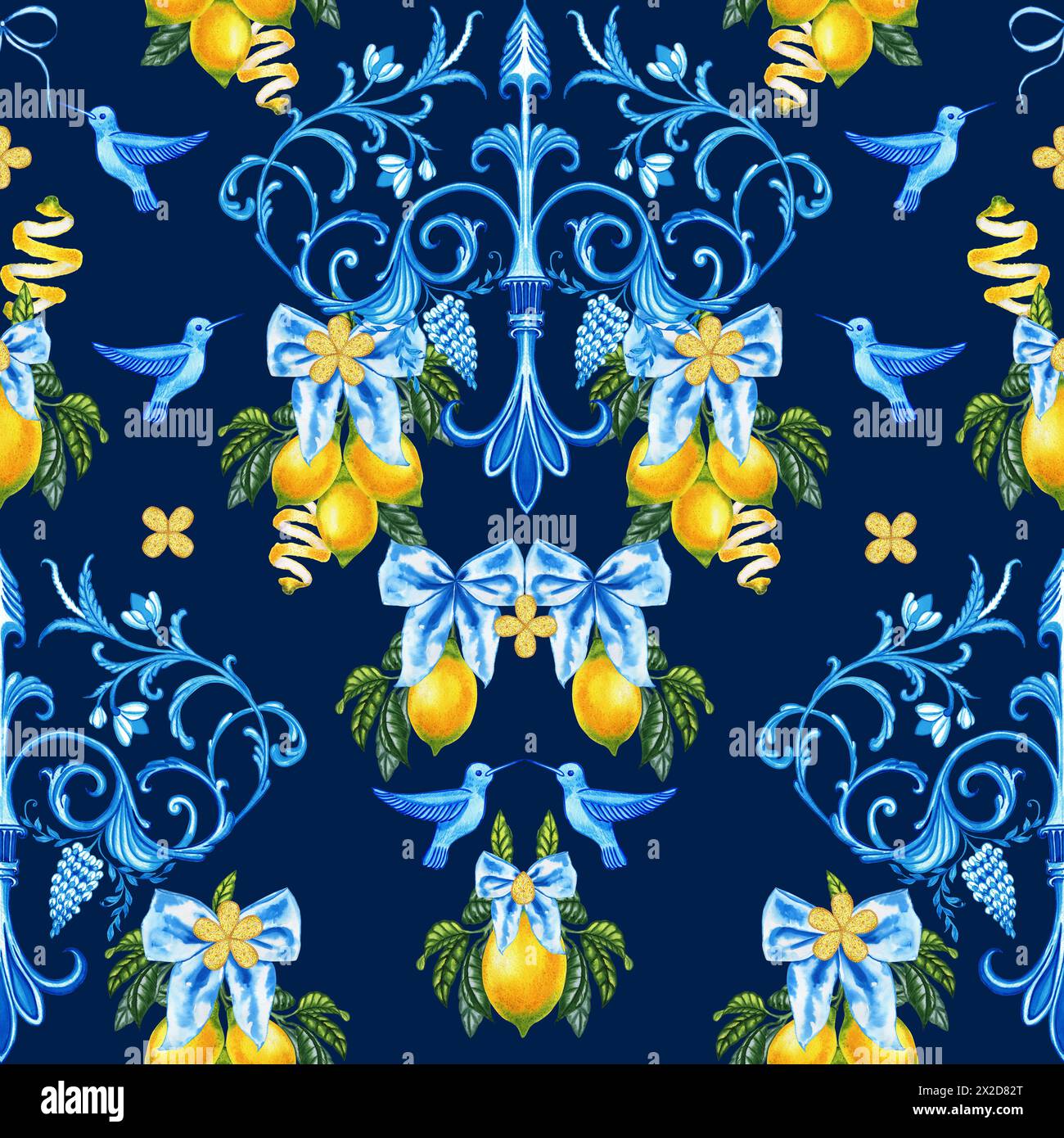 Traditional Italian ornament and branches of lemons watercolor seamless ...