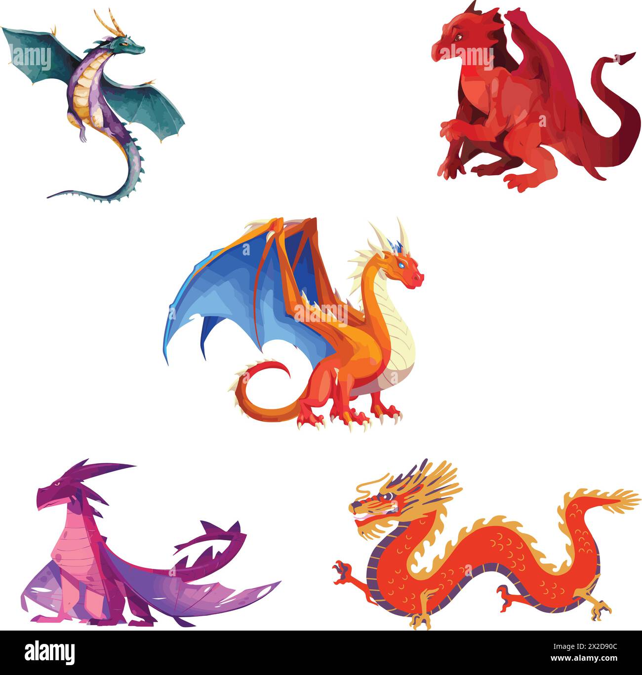 Colorful dragons on a white background cartoon illustration set Cute ...