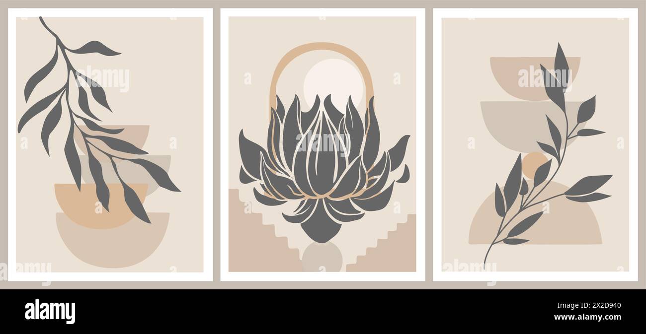 Set of Boho aesthetic abstract botanical wall arts. Trendy posters for ...