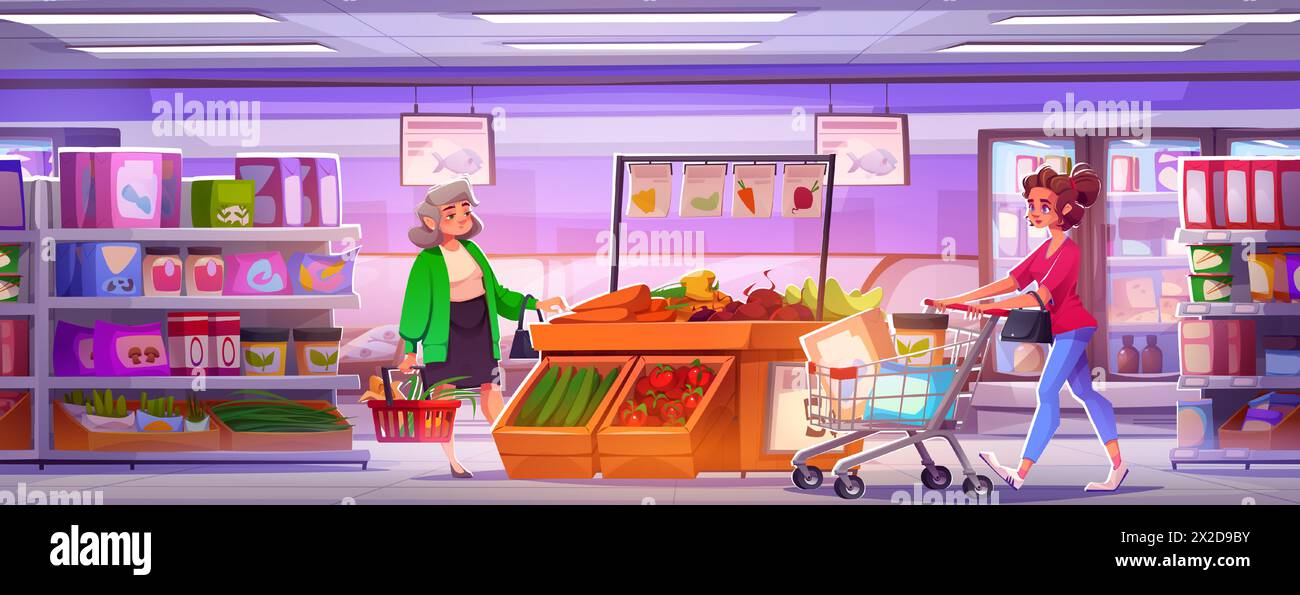 People in grocery supermarket. Store interior cartoon background. Shelf ...