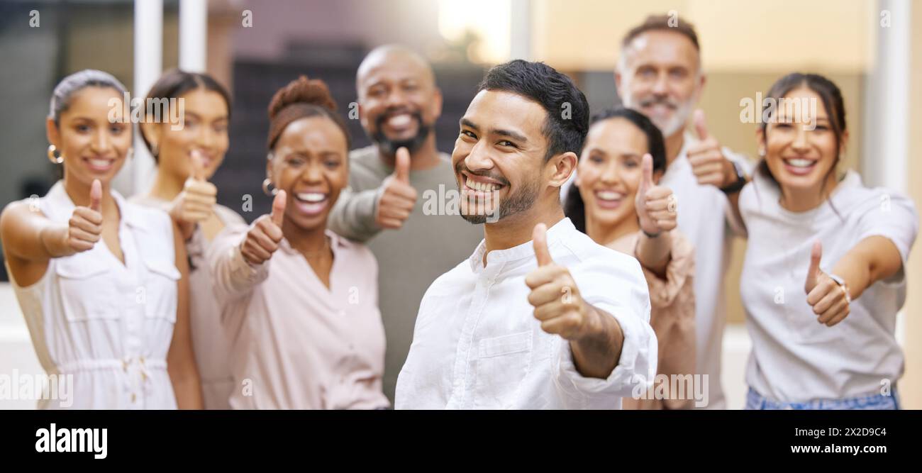 Happy portrait, business people and thumbs up with diversity for great ...