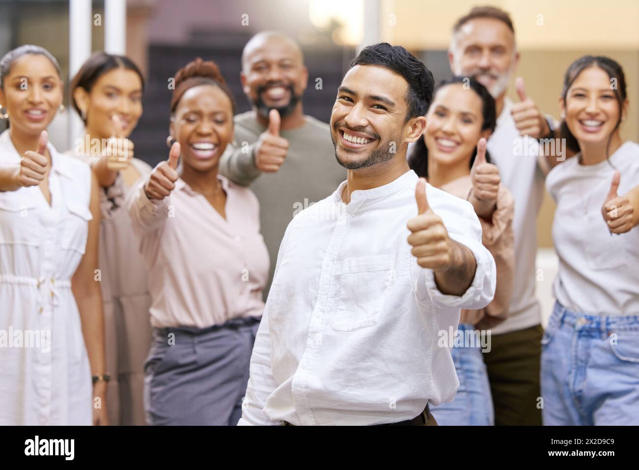 Happy portrait, creative people and thumbs up with diversity for great ...