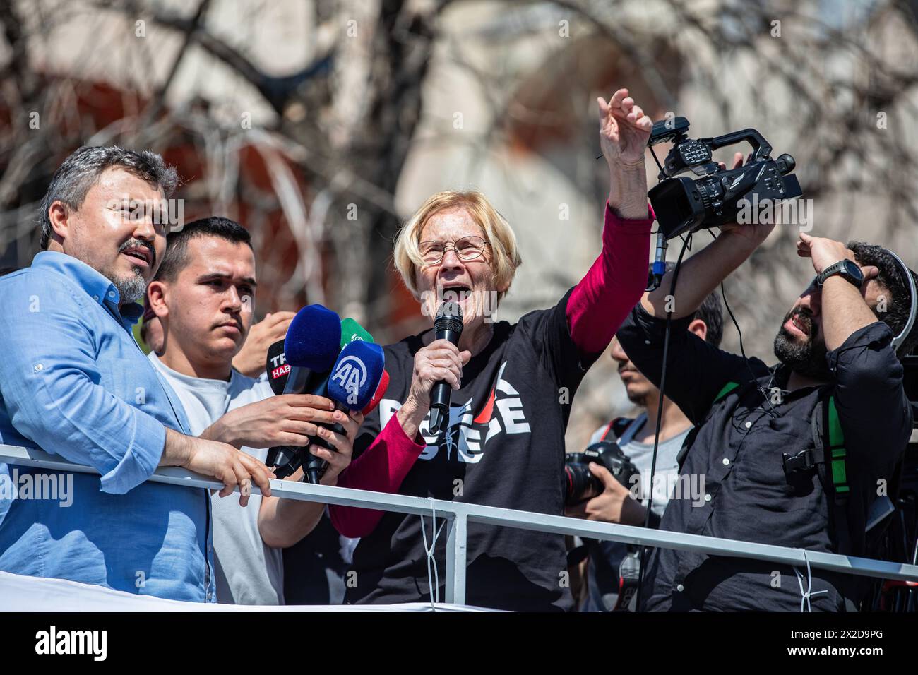 Freedom Flotilla Coalition Spokesperson, former US colonel Ann Wright (center) also attended the ...