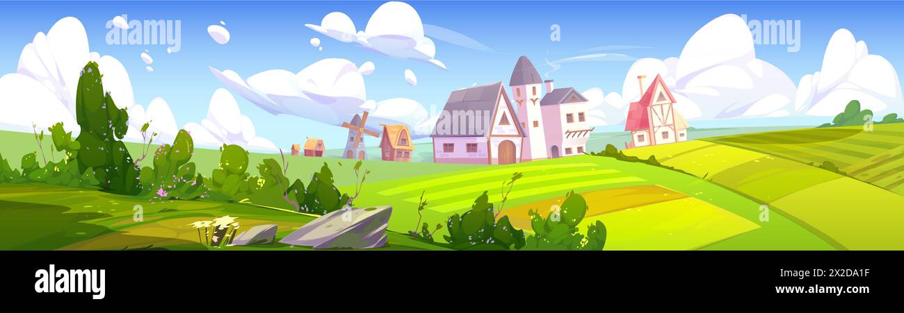 Countryside farm field and house vector background. Rural village scene ...