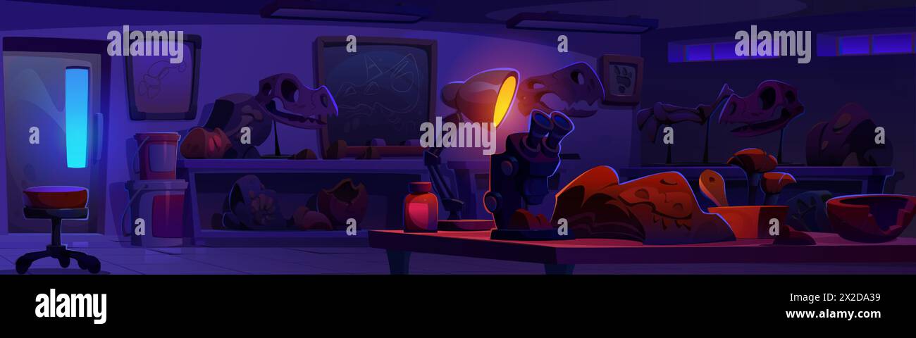 Archaeologist lab room and fossil on desk at night cartoon background ...