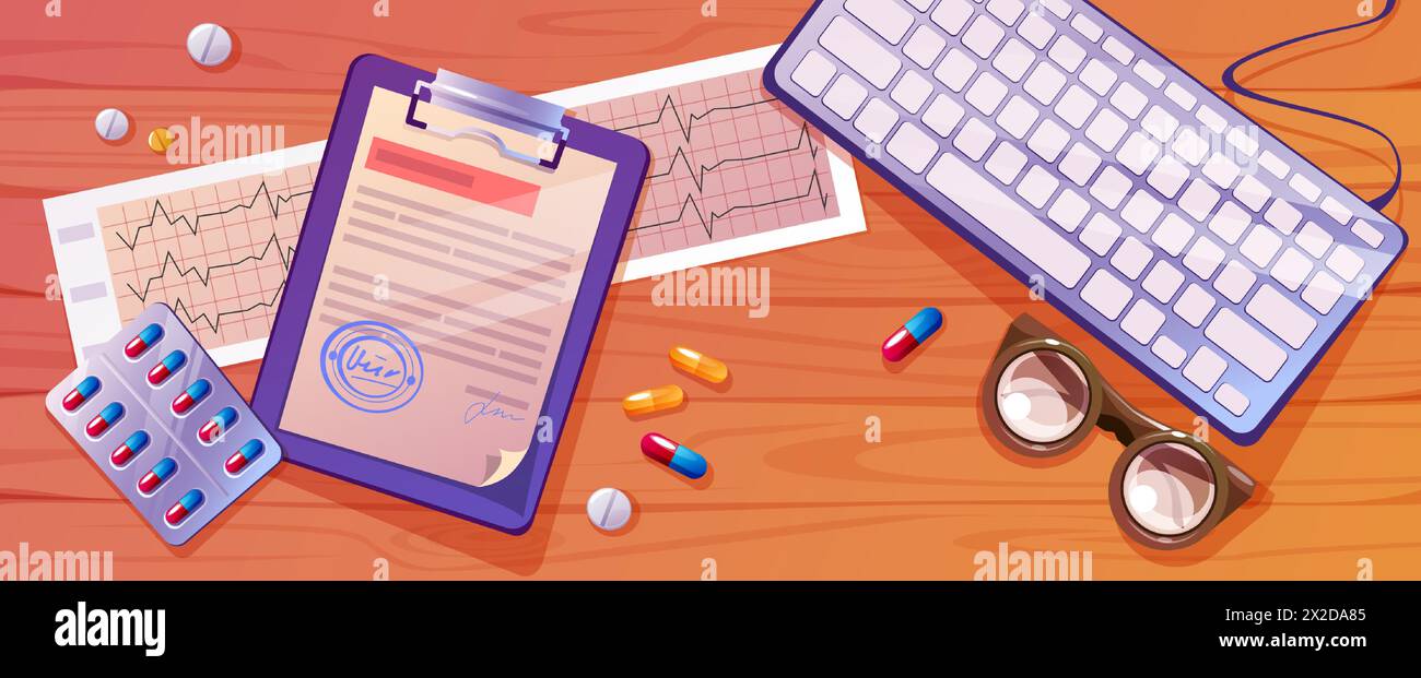 Doctor desk top view with computer keyboard, tablet with prescription ...