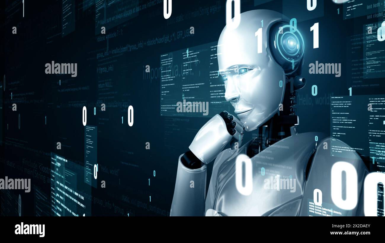 MLB 3d illustration Futuristic robot artificial intelligence huminoid AI programming coding ...