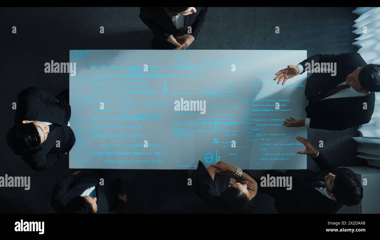Top down aerial view of professional business team share idea about ...