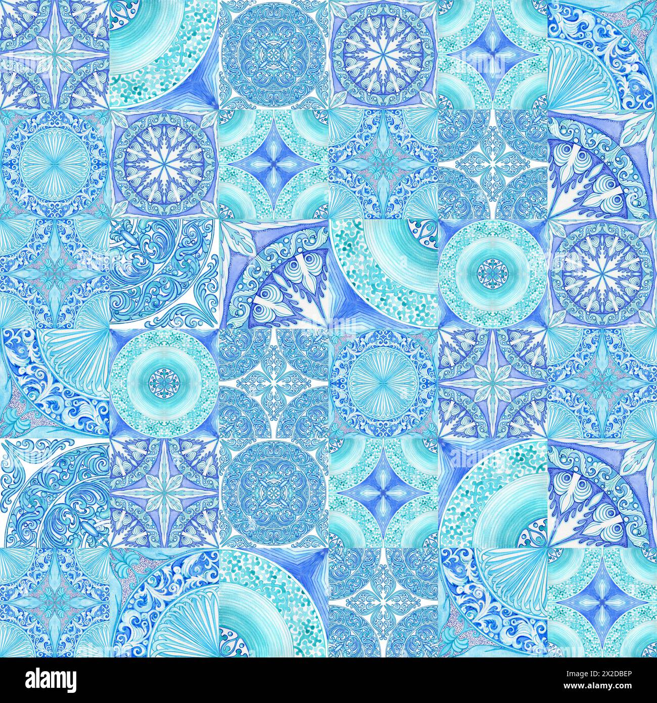 Watercolor blue majolica seamless pattern. Large set of Italian tiles ...