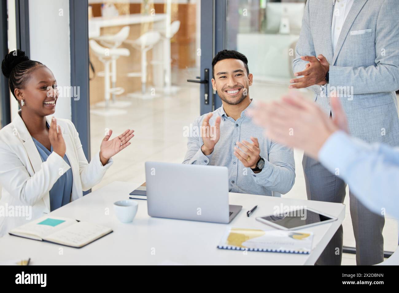 Business people, meeting and applause with presentation and ...