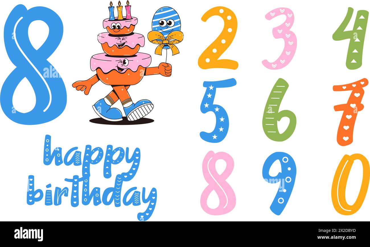 Happy birthday banner in retro groovy style. Vintage walking character ...