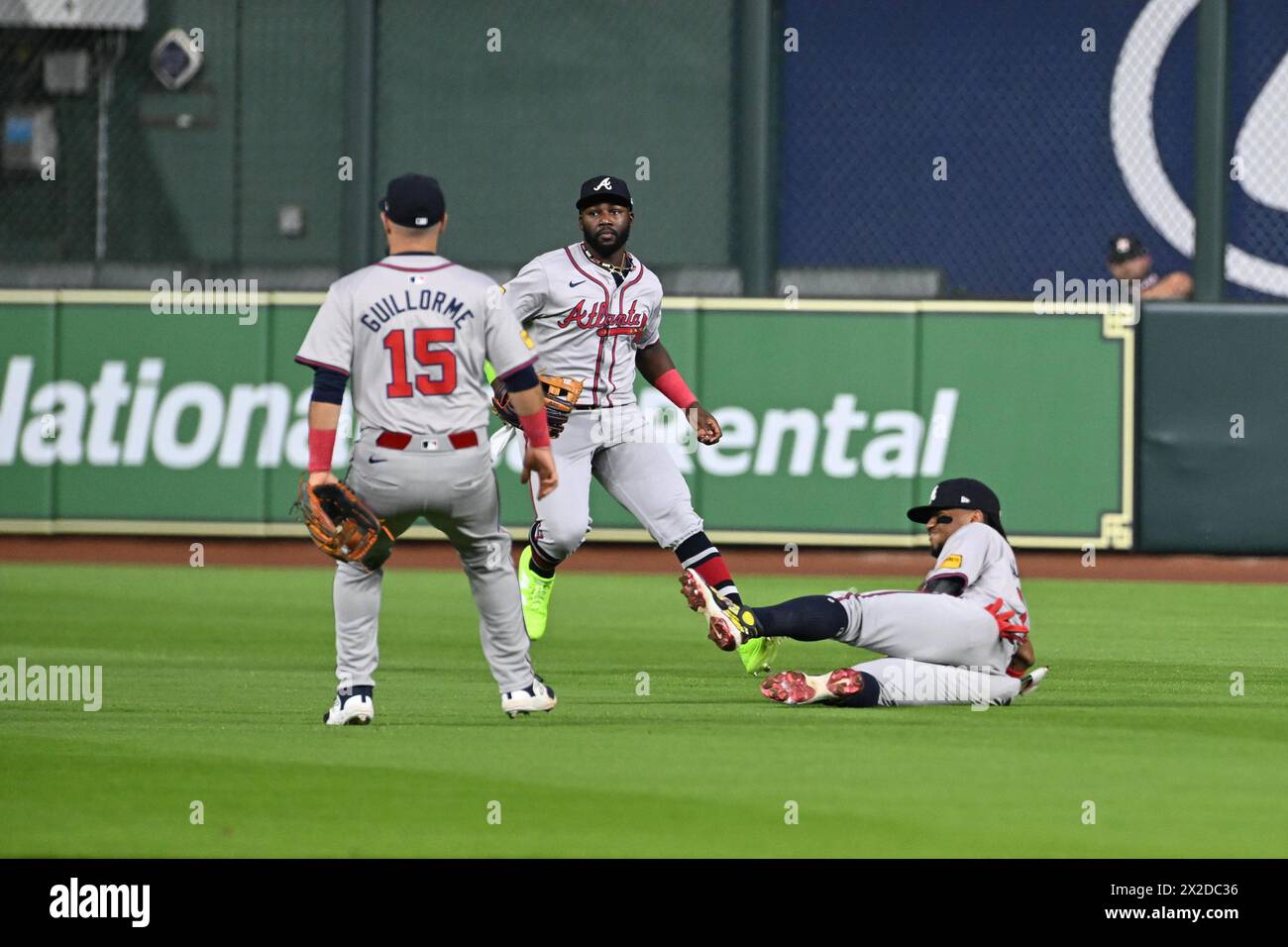 Atlanta Braves outfielder Ronald Acu–a Jr. (13) dives for a ball in the ...
