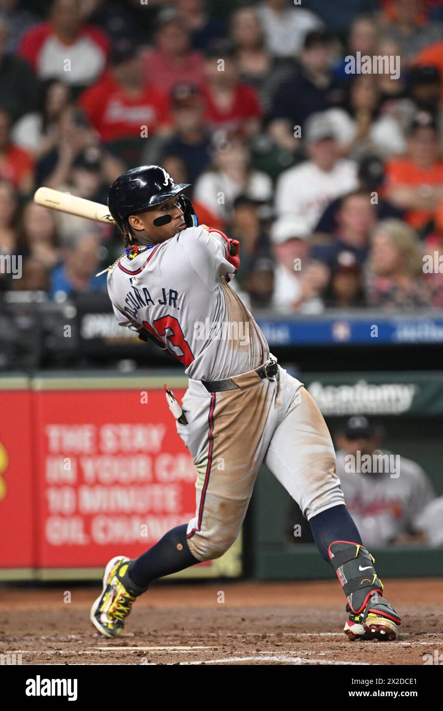 Atlanta Braves outfielder RONALD ACU„A JR. (13) flies out to end the top of the third inning ...