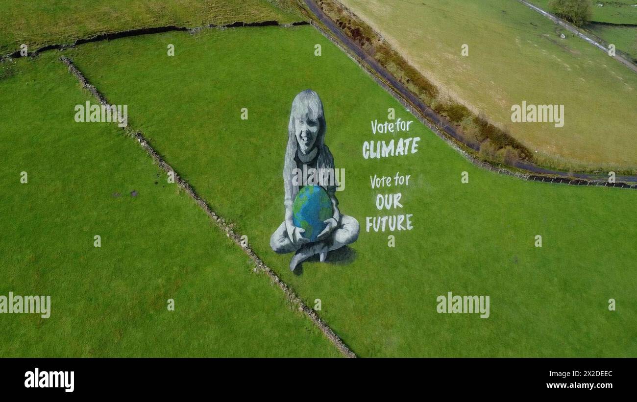 General view of the 50 metre anamorphic painting of a girl holding the ...