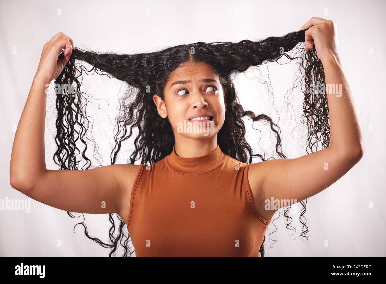 Stress, woman and hair damage with worry from messy hairstyle and ...