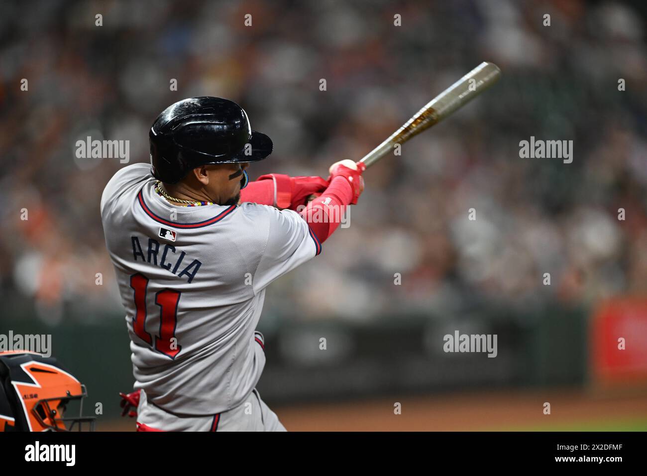 Atlanta Braves shortstop ORLANDO ARCIA (11) hits an RBI sacrifice fly ...