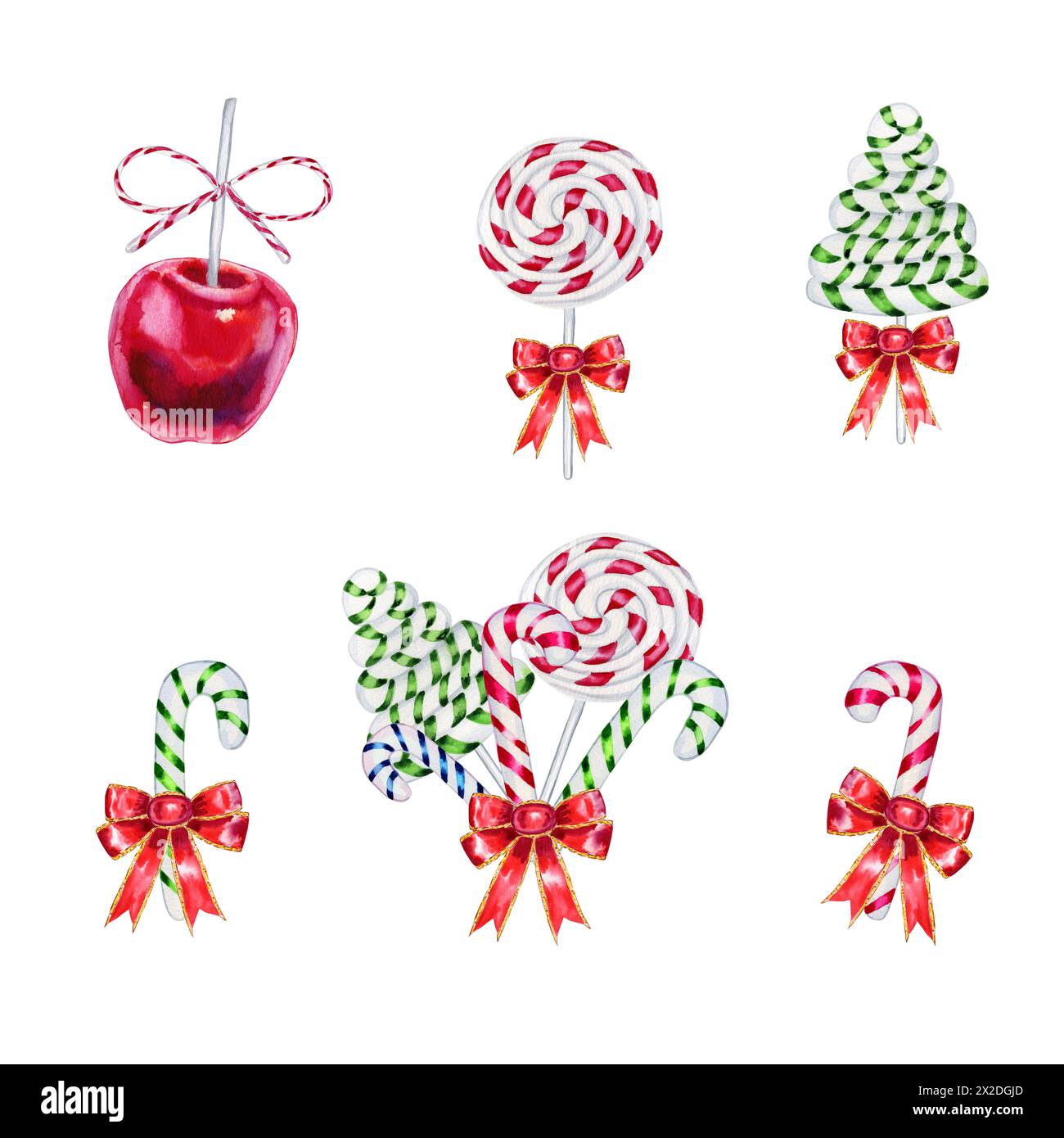 Christmas traditional striped candies tied with a bow watercolor ...