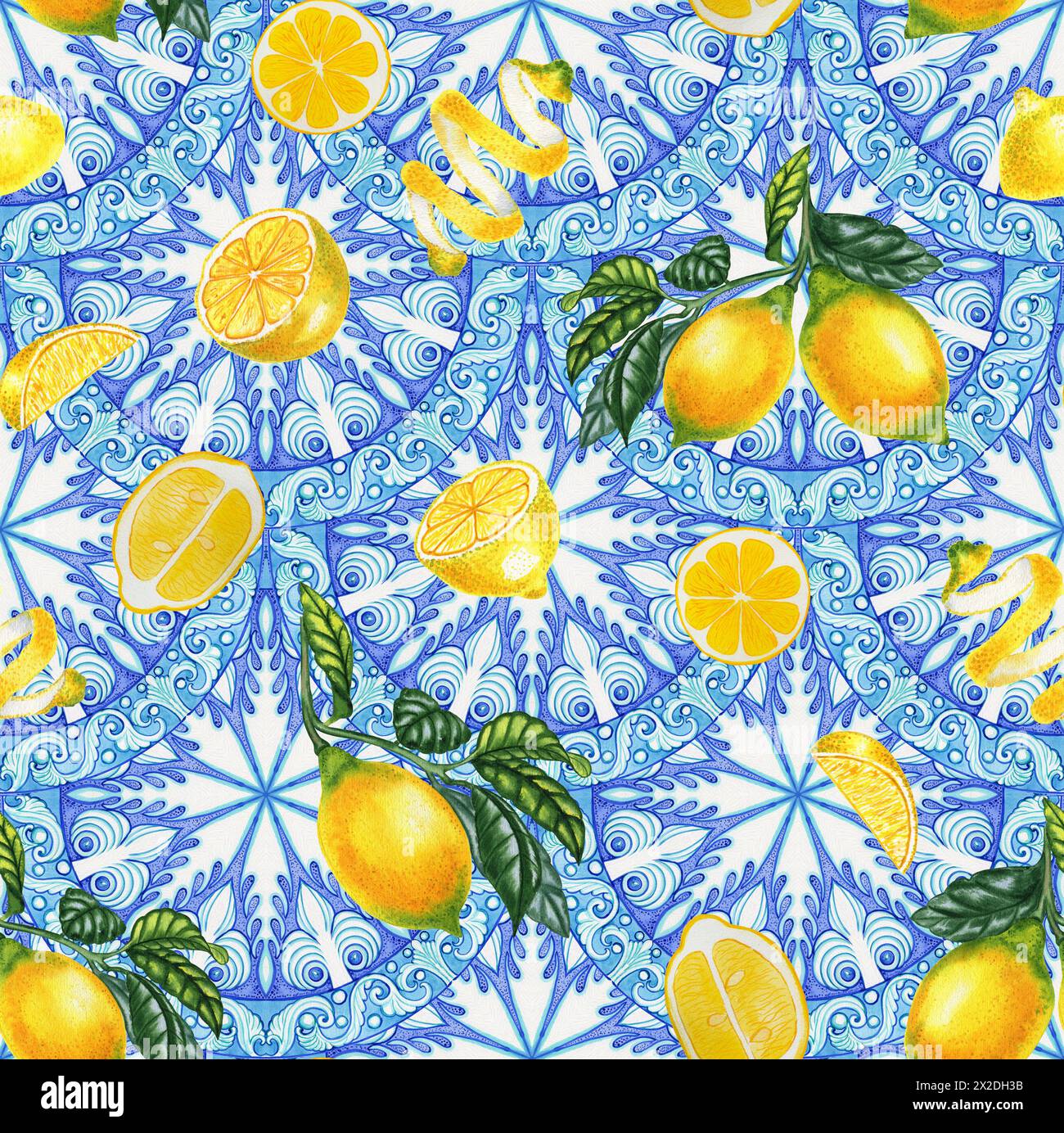 Majolica pattern. Sicilian hand drawn blue ornament. Traditional blue ...