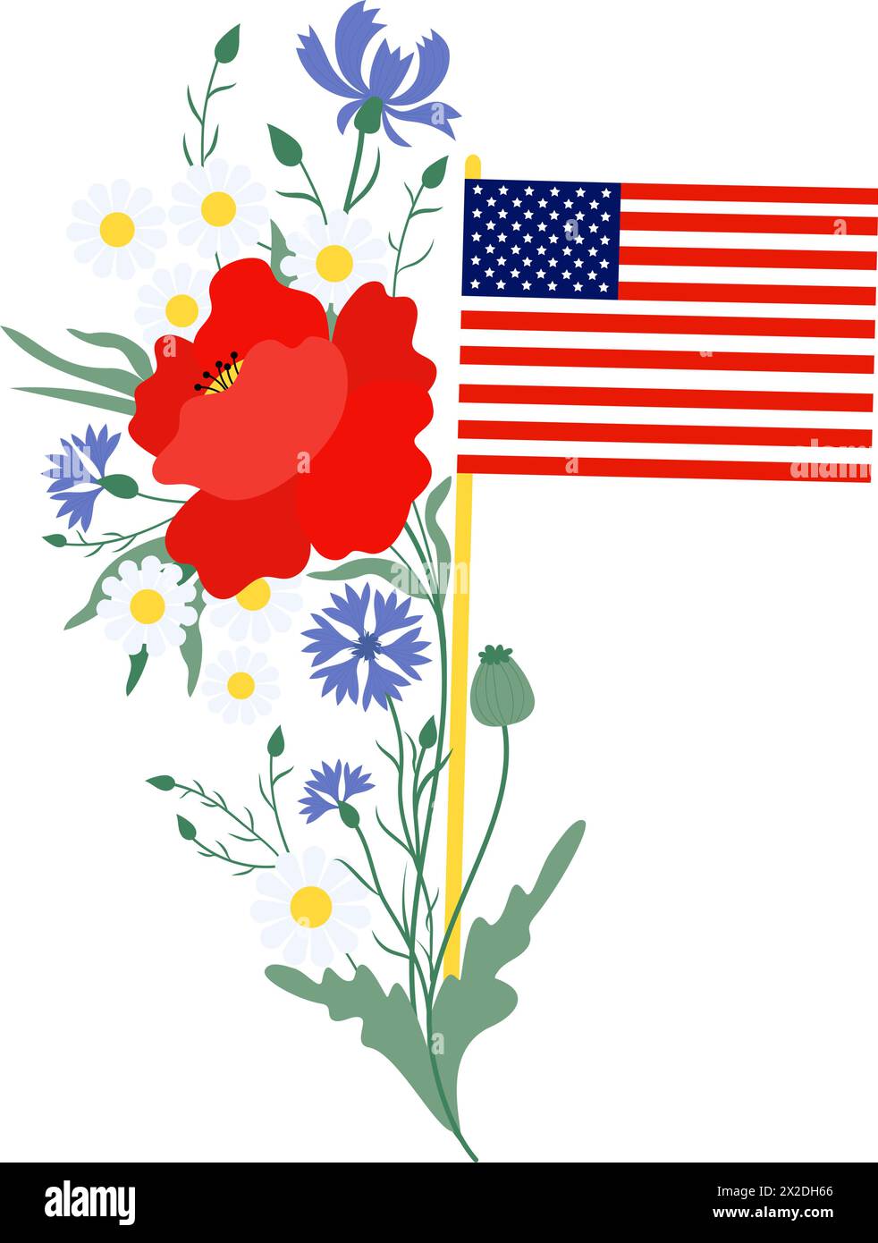 Memorial Day. American flag with with bouquet flowers red poppy, blue ...