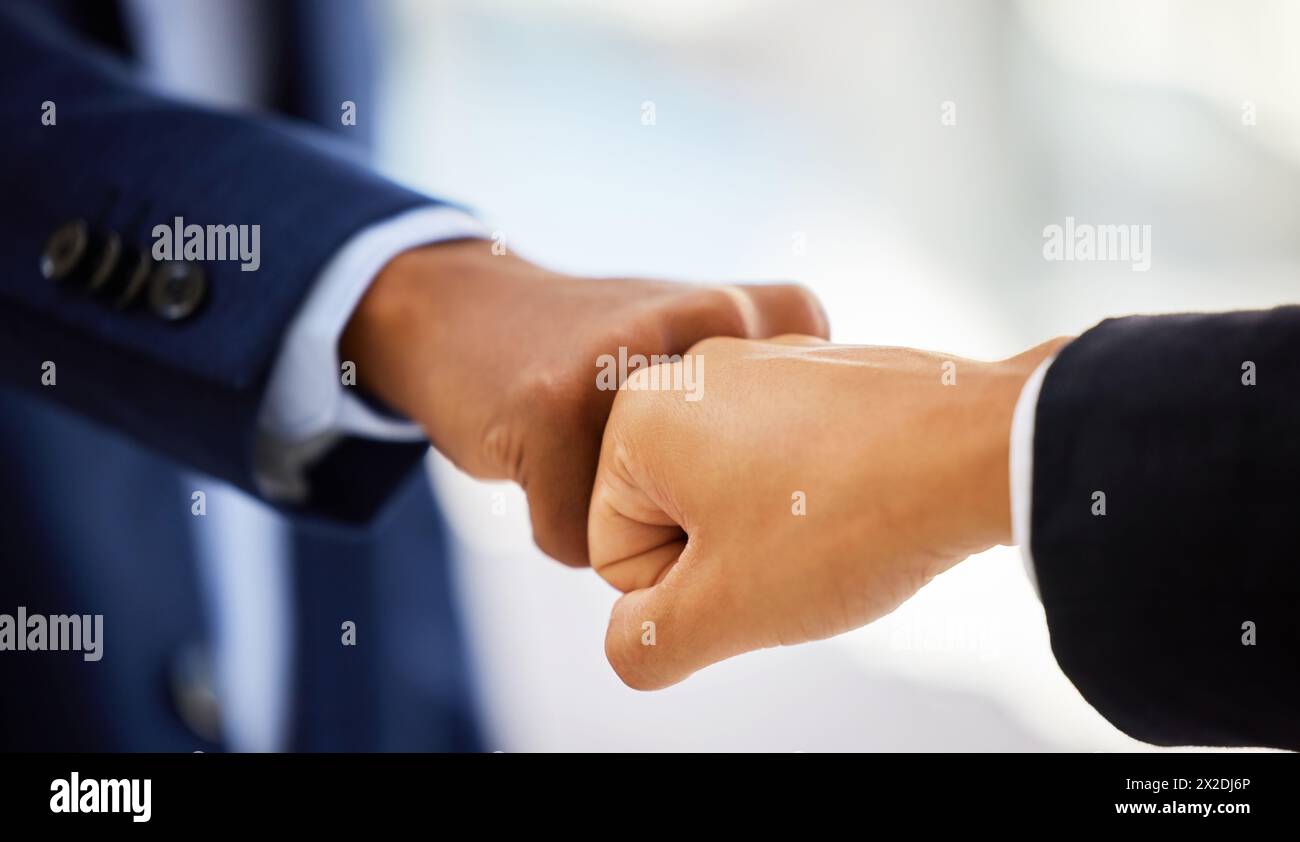 Hands, fist bump and business people in office with teamwork, respect and agreement for ...