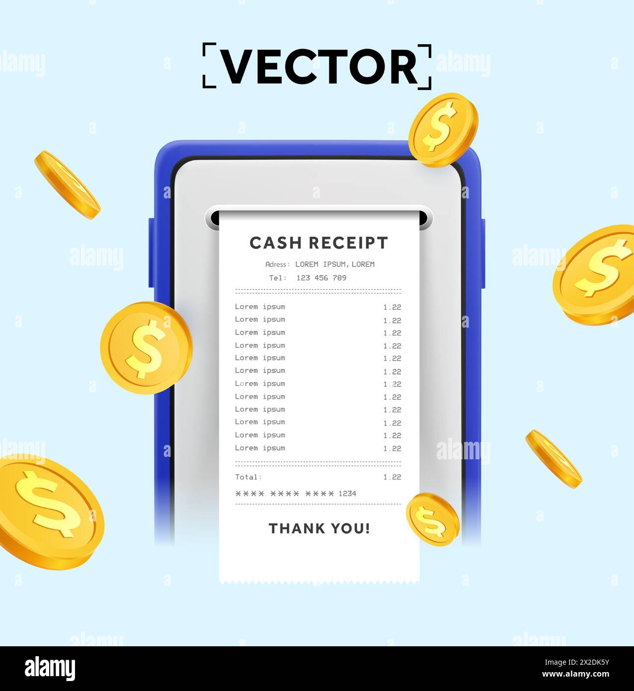 3d printing bill from smartphone or POS terminal, coins flying around ...