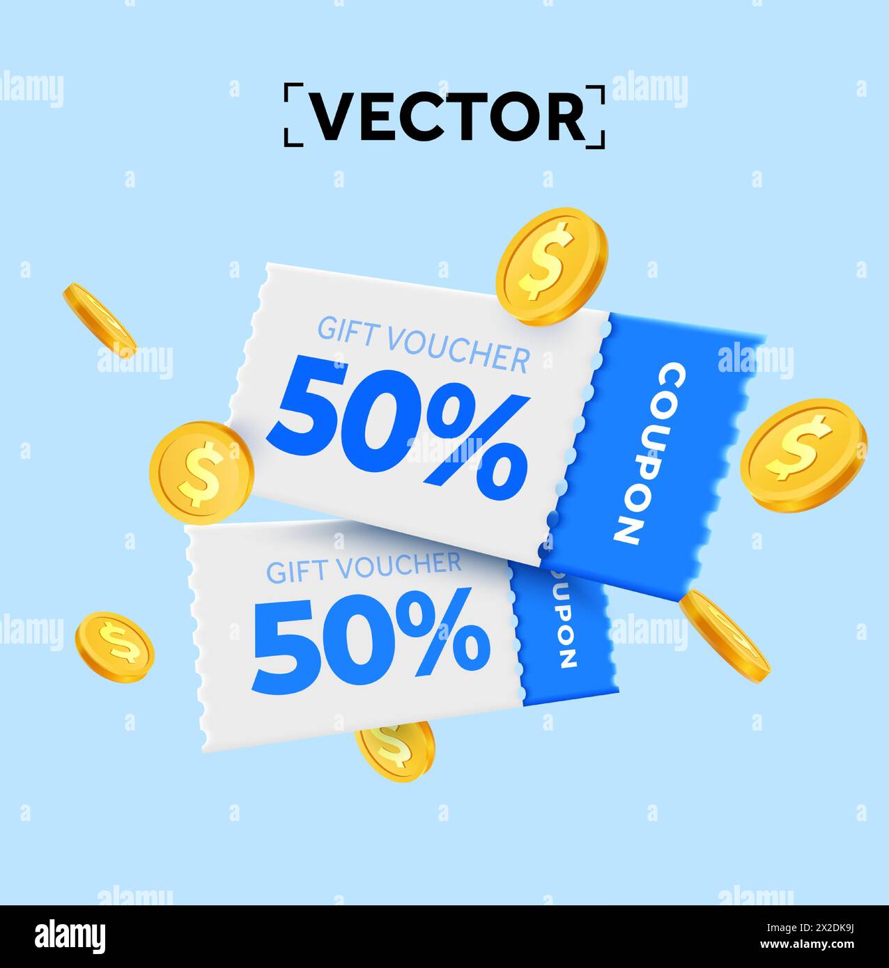 3d couple of promotional coupons with coupon code, golden coins ...