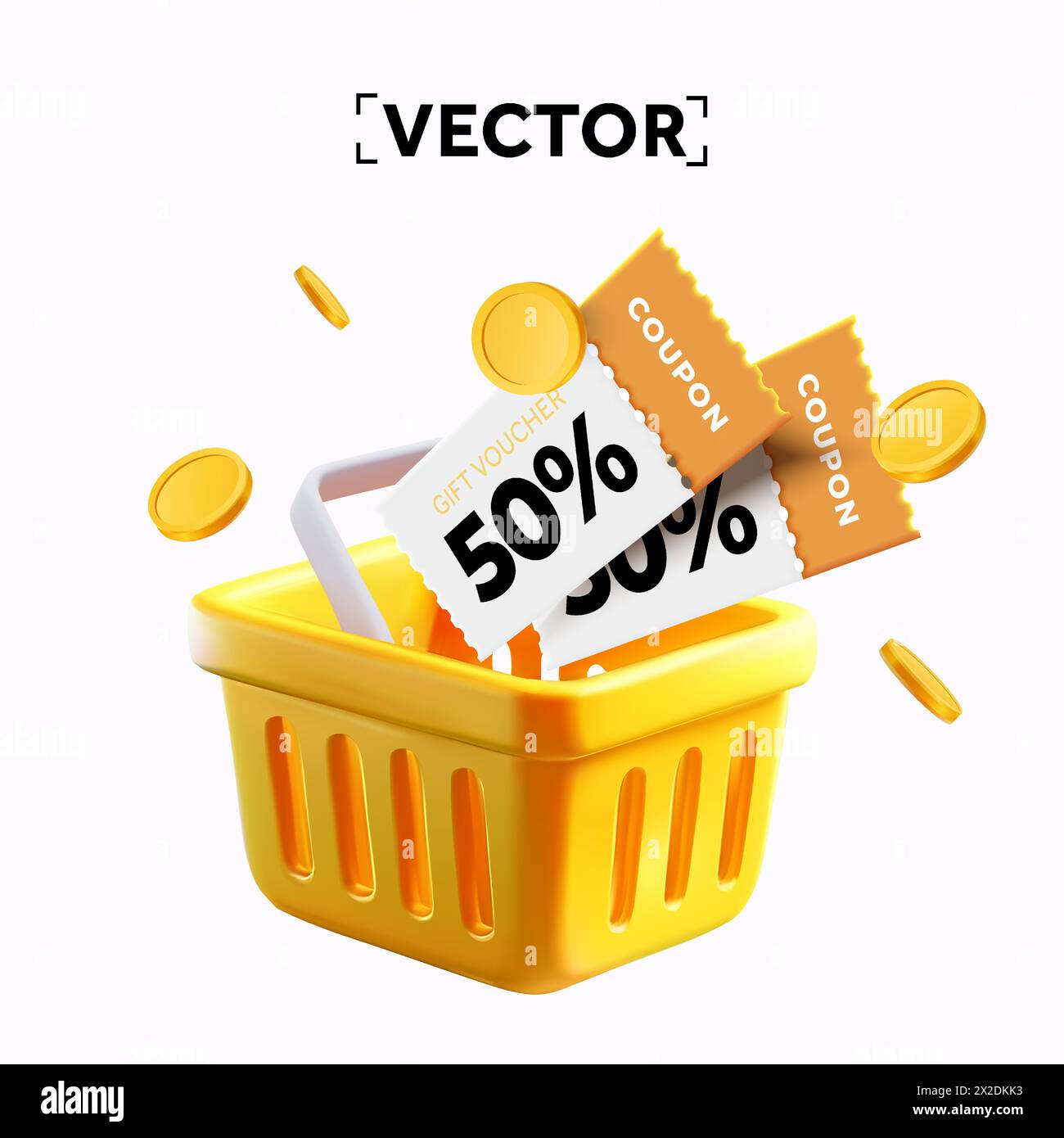 3d shopping coupon with yellow shopping basket, coupons with percentage ...