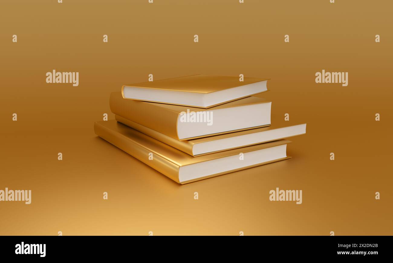 Stacked of books with golden covers on a seamless golden backdrop ...
