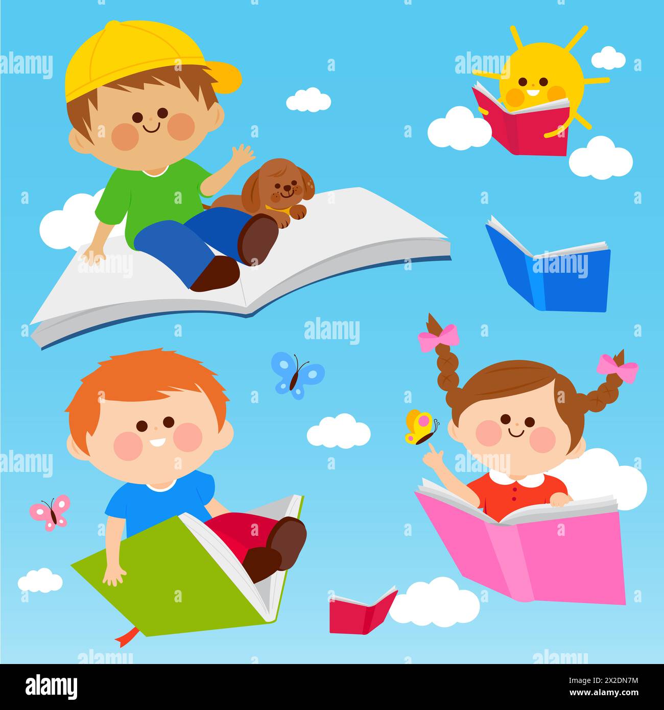 Happy children flying with books in the sky. Children book day ...