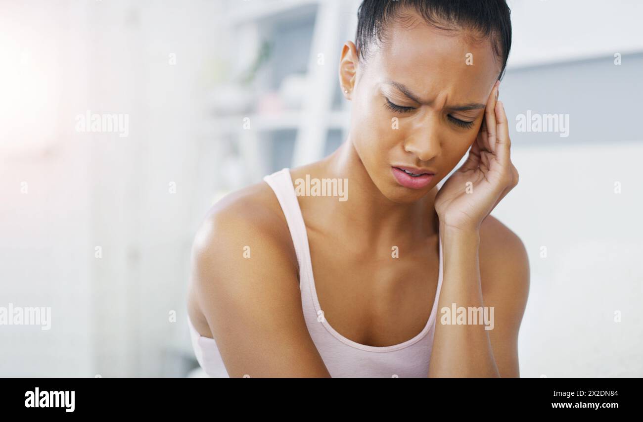 Black woman, hand and headache pain in home for pressure tension with ...