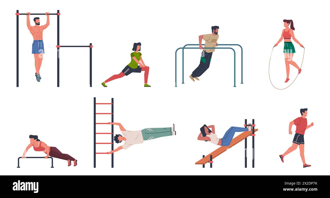 Street fitness people. Outdoor workout, turnstiles on sports ground ...