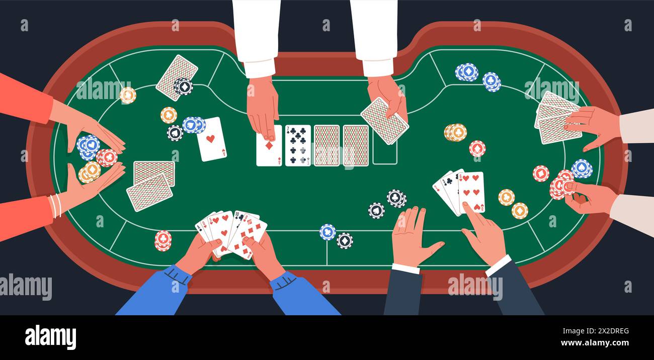 People play poker. Top view human hands with cards, casino gambling ...